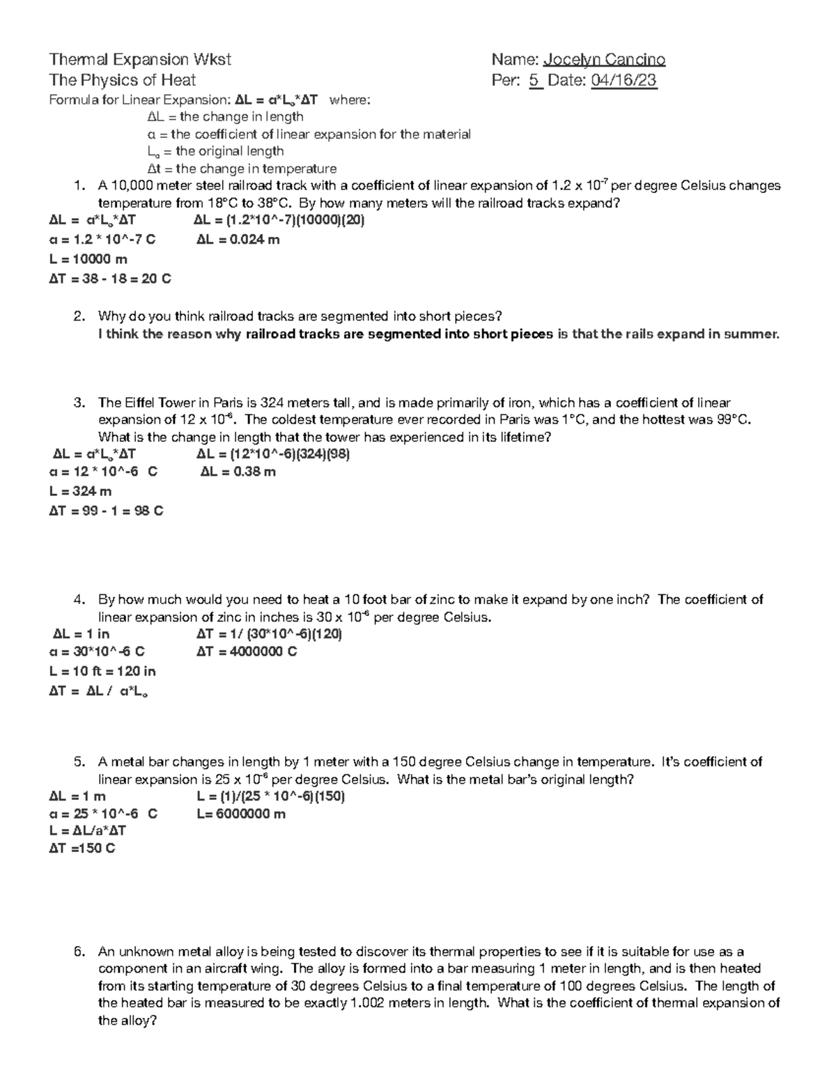 Copy of Thermal Expansion Wkst - Thermal Expansion Wkst Name: Jocelyn ...