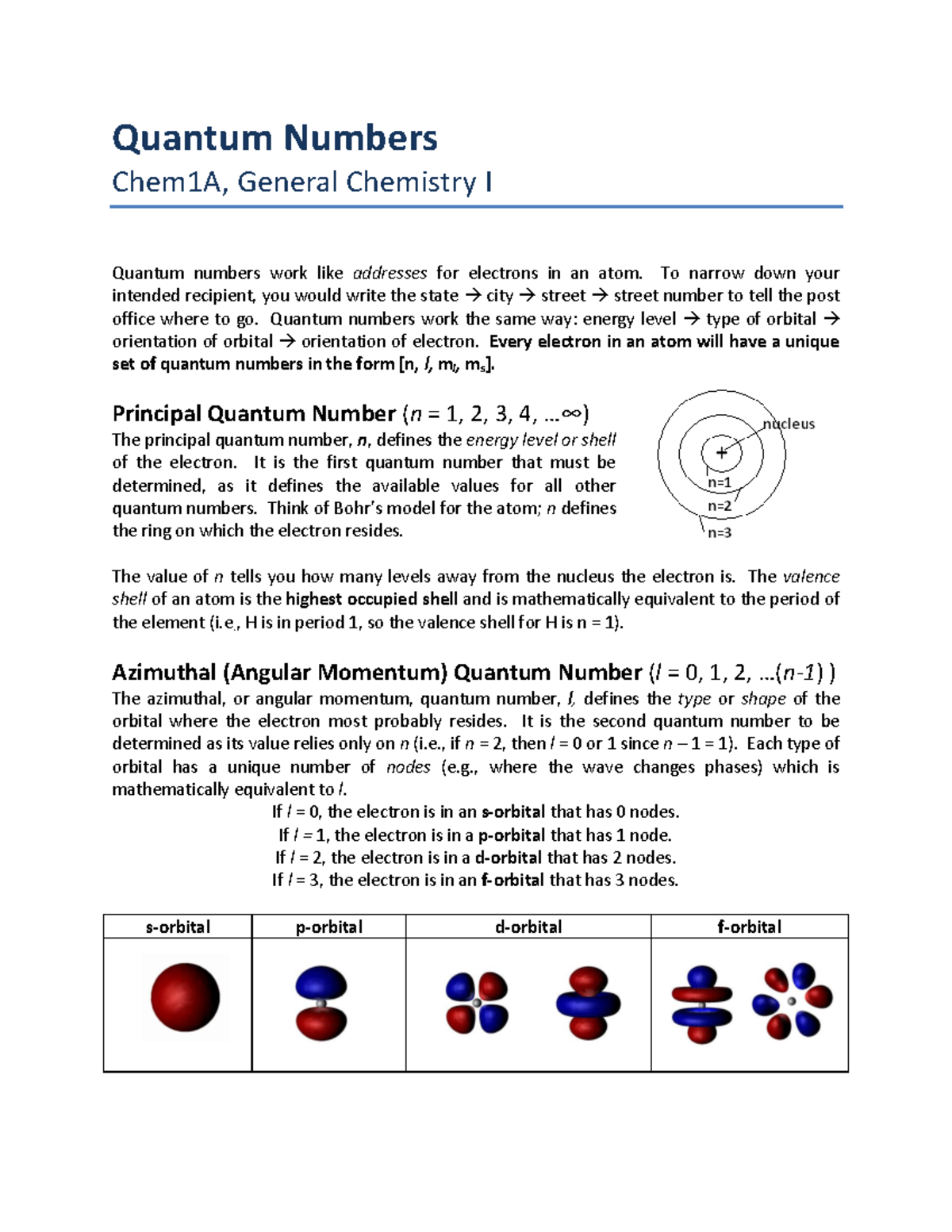 1a quantum numbers - Quantum Numbers Chem1A, General Chemistry I ...