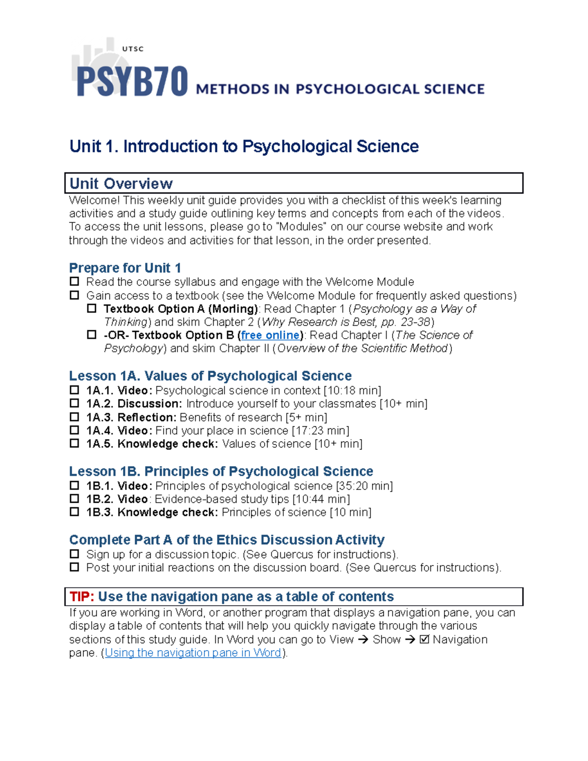 01. Unit 1 Study guide - Unit 1. Introduction to Psychological Science ...