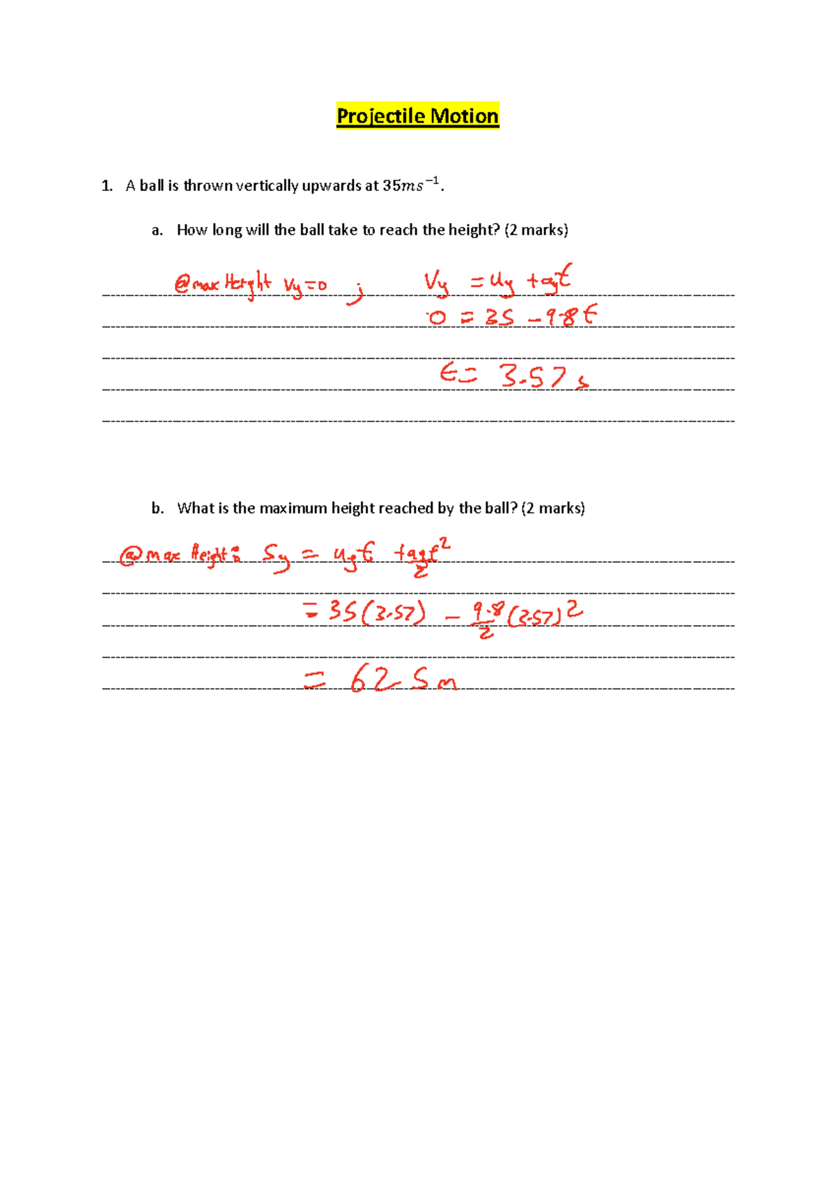 Projectile Motion Class Sample Questions - Projectile Motion A ball is ...