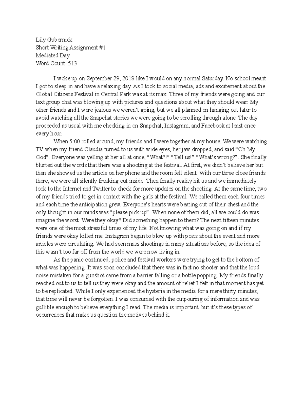 Short Writing #1 - Professor Hernando Rojas - Lily Gubernick Short ...