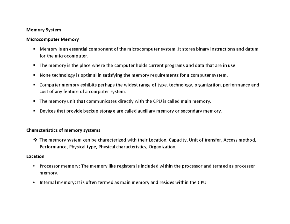 Group Three Work Computer Architecture Lecture Notes Memory System Microcomputer Memory