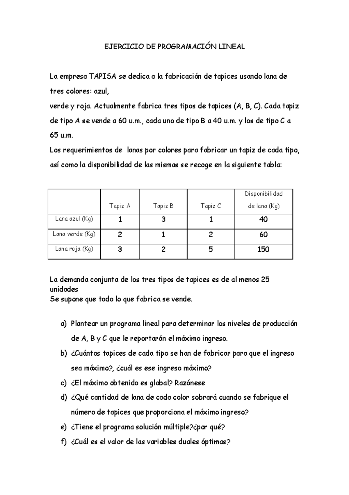 Solucion ejercicio de programacion lineal con solver - EJERCICIO DE PROGRAMACIÓN LINEAL La ...