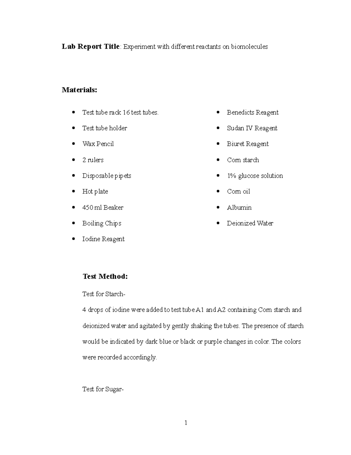 Lab report 1 - Lab Report Title: Experiment with different reactants on ...