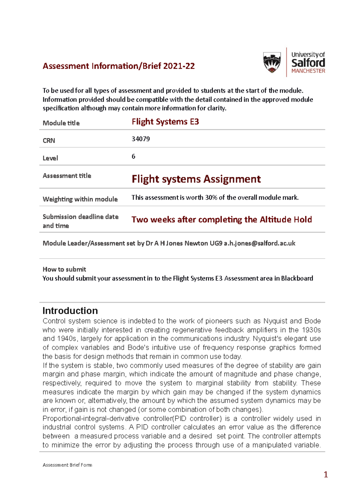 Assessment Brief PID Control Level 6 2020 - Assessment Information ...