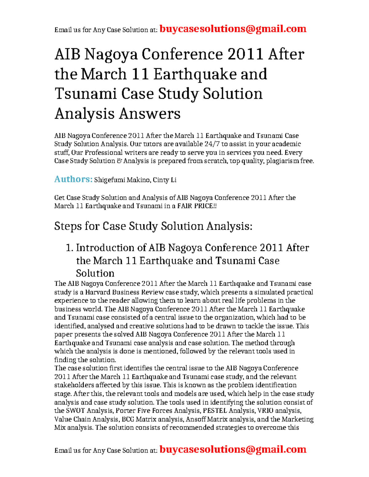 Case Solution AIB Nagoya Conference 2011 After the March 11 Earthquake and Tsunami - AIB Nagoya ...