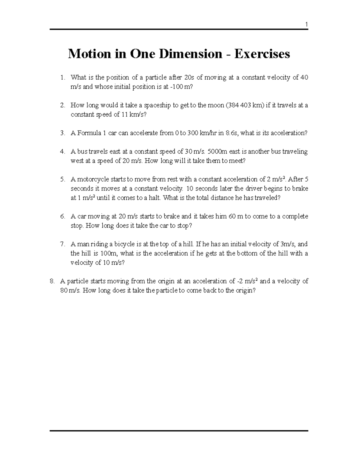 Exercises 1D - exercise sheets with practice problems - 1 Motion in One ...