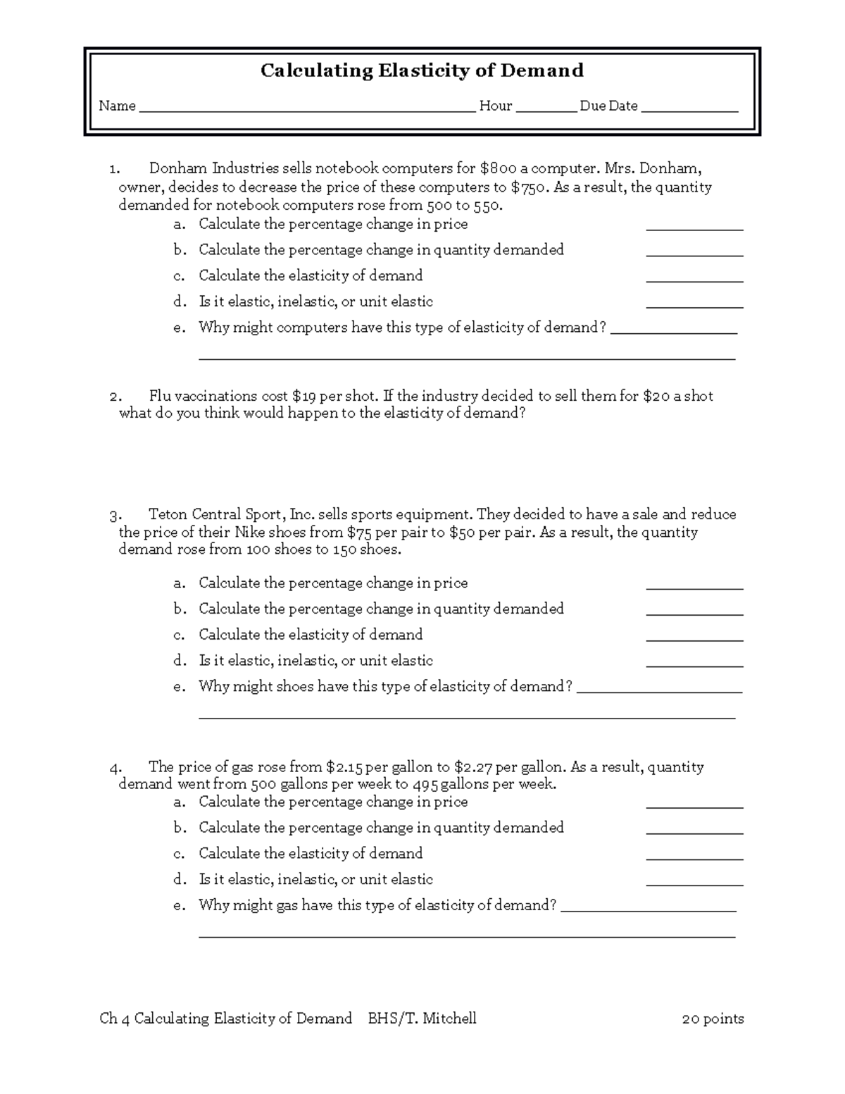 Ch 04 elasticity of demand worksheet - Calculating Elasticity of Demand ...