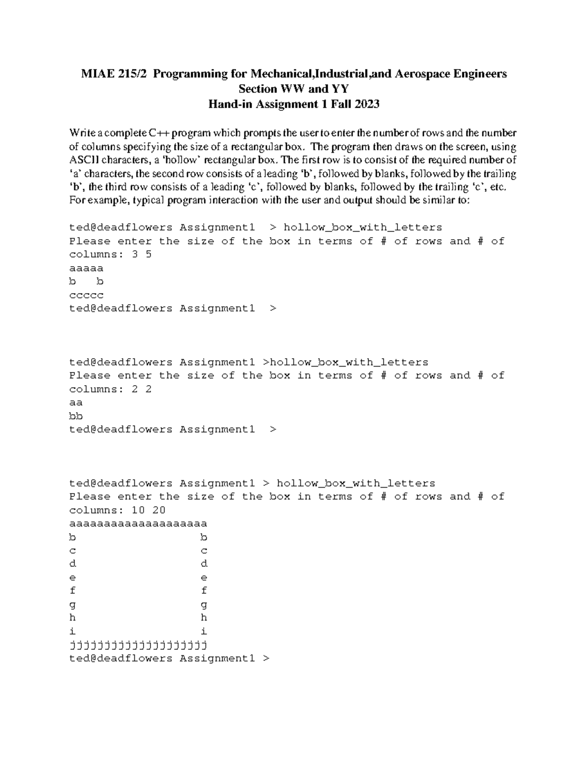 Assignment 1 - The program then draws on the screen, using ASCII characters, a ‘hollow ...
