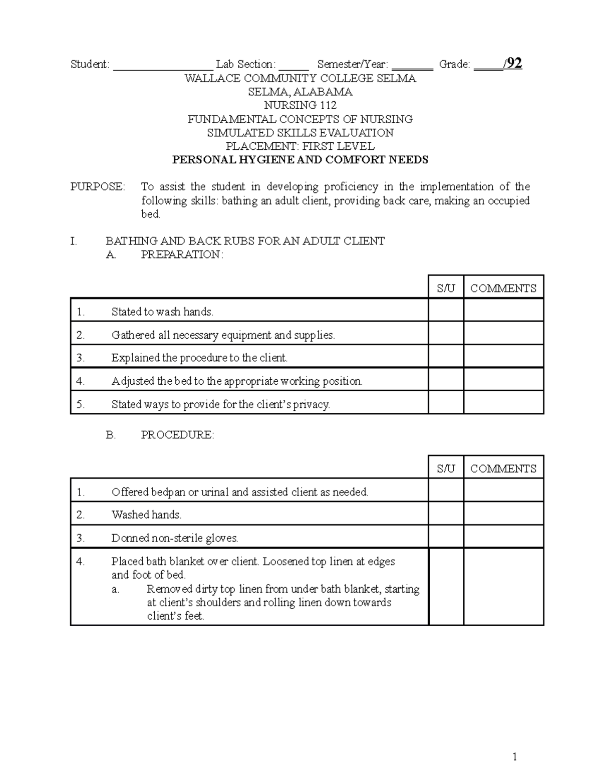 Hygiene+Rubric - Helps a lot - Student: _________________ Lab Section ...
