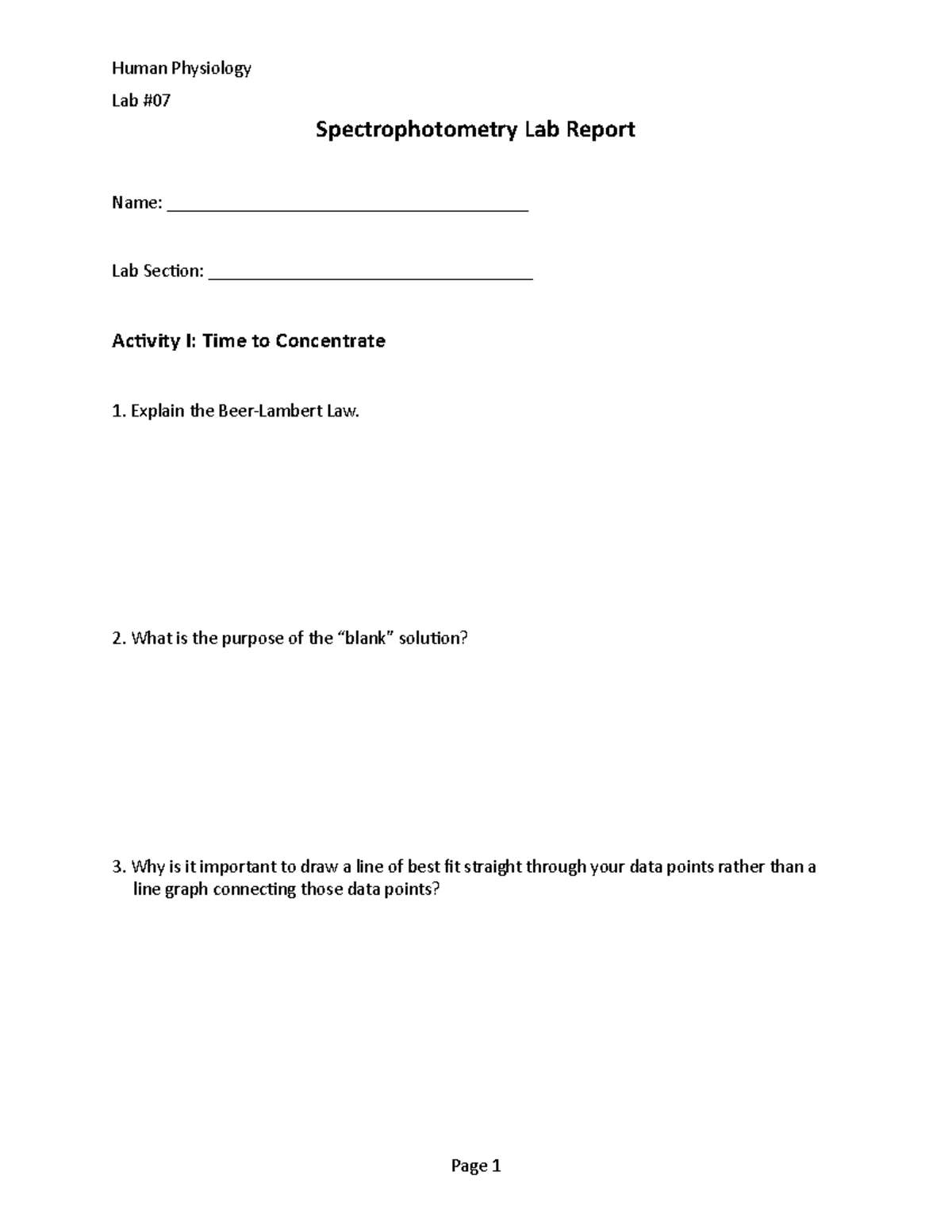Lab 07 Report Form - Lab worksheet. - Lab # Spectrophotometry Lab Report Name: - Studocu