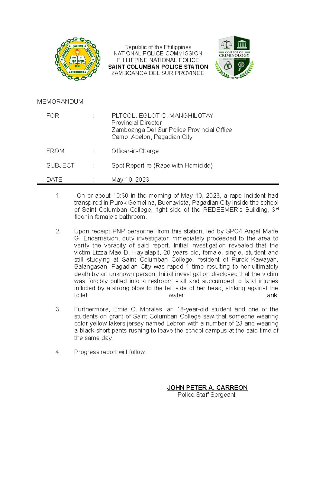 SPOT- Report - for criminology - Republic of the Philippines NATIONAL ...