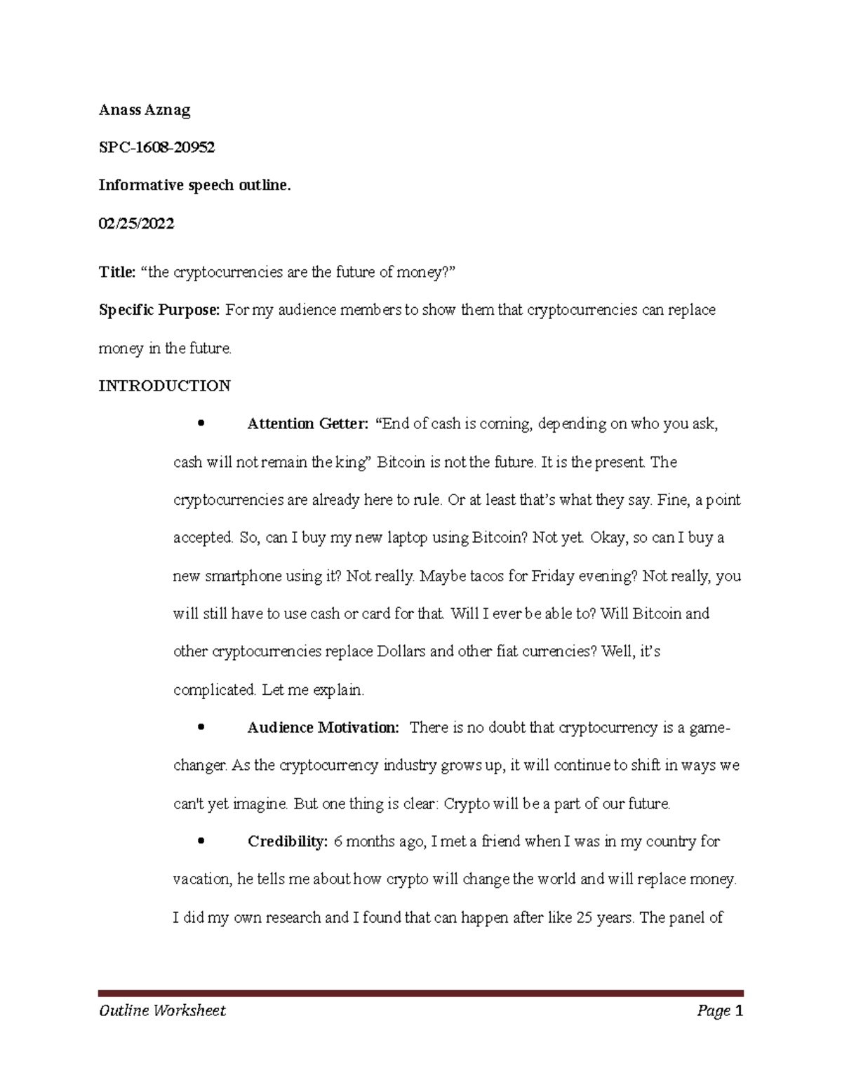 Outline Worksheet 11informative Speech Outline 3 F Anass Aznag Spc 1608 Informative Speech