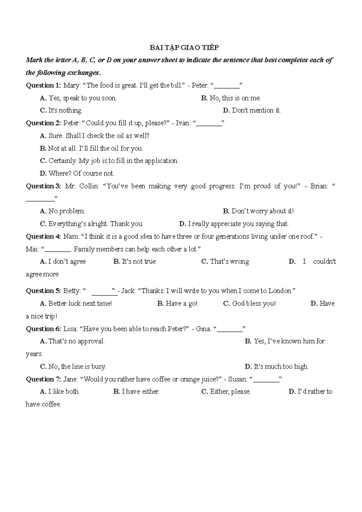 12 Bài tập giao tiếp - rsjs fjffj - BÀI TẬP GIAO TIẾP Mark the letter A ...