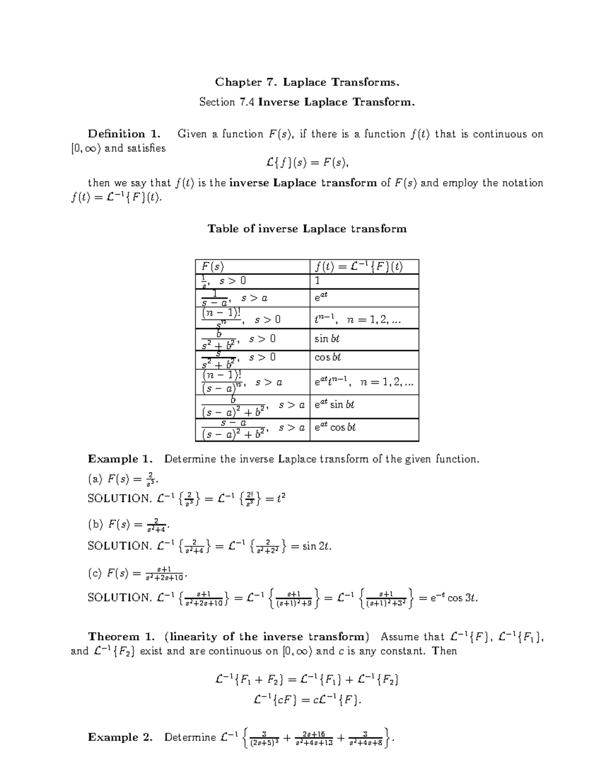 Lecture 25 - Nothing - Chapter 7. Laplace Transforms. Section 7 Inverse Laplace Transform. - Studocu