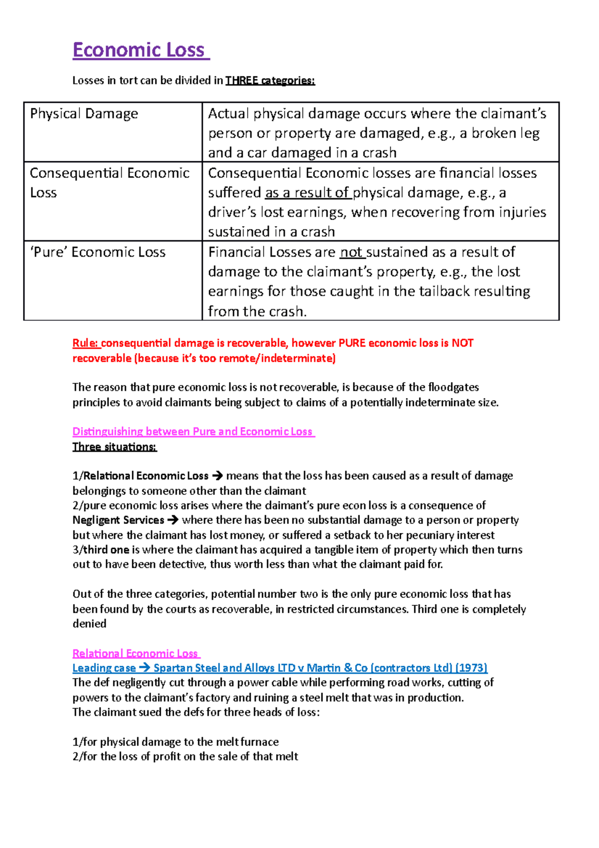 Economic LOSS - Losses in tort can be divided in THREE categories ...
