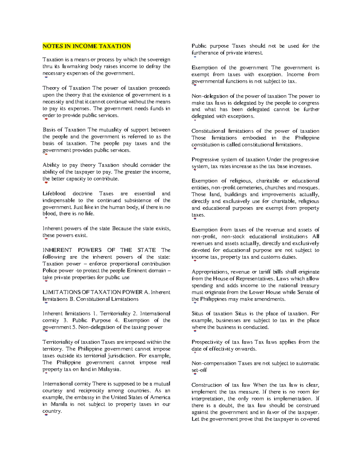 Notes IN Income Taxation - NOTES IN INCOME TAXATION Taxation is a means ...