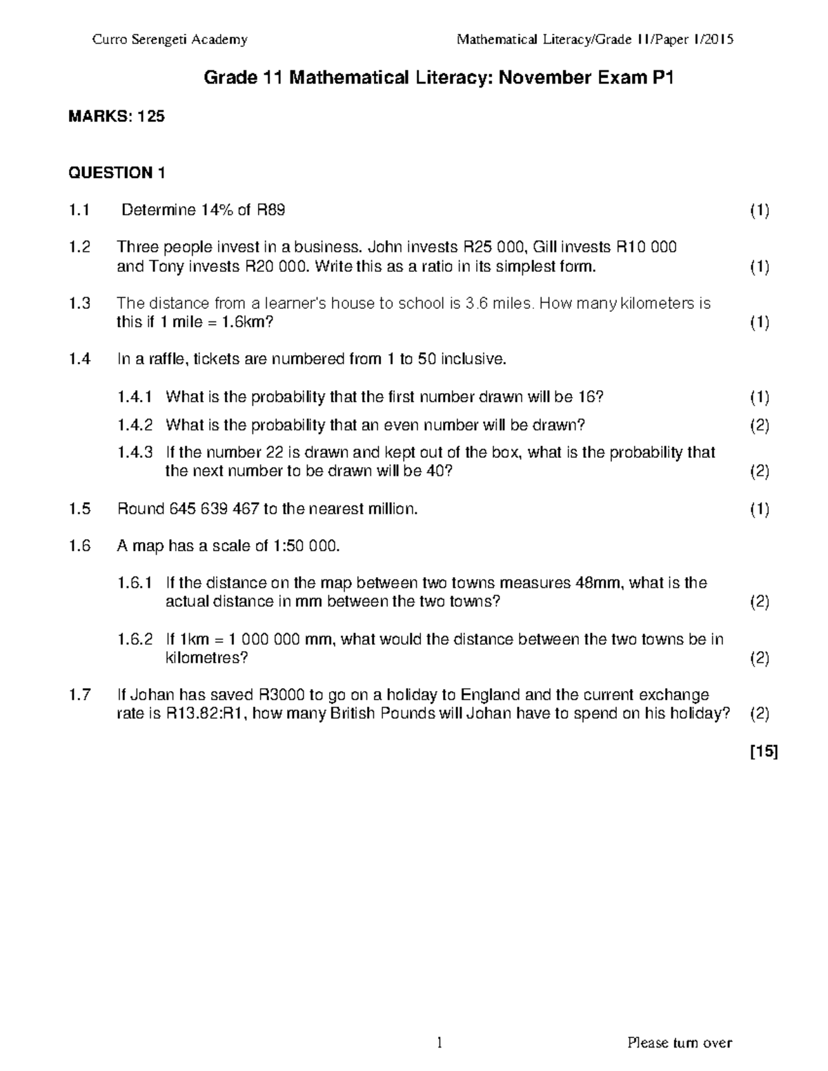 Mathlit gr11 p1 nov2015 exam - Grade 11 Mathematical Literacy: November ...