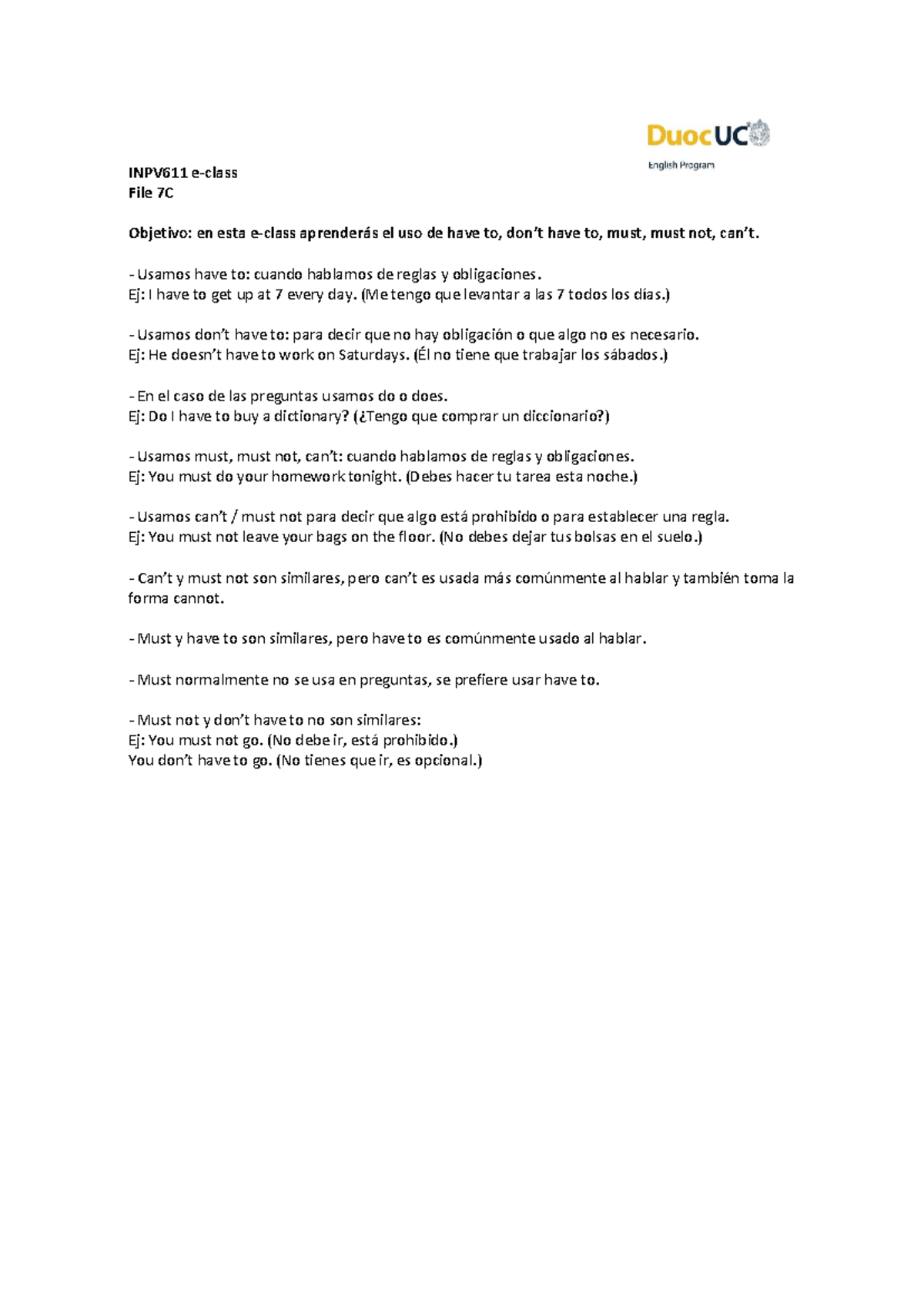 INPV611 e class 7C - ingles - INPV611 e-class File 7C Objetivo: en esta ...