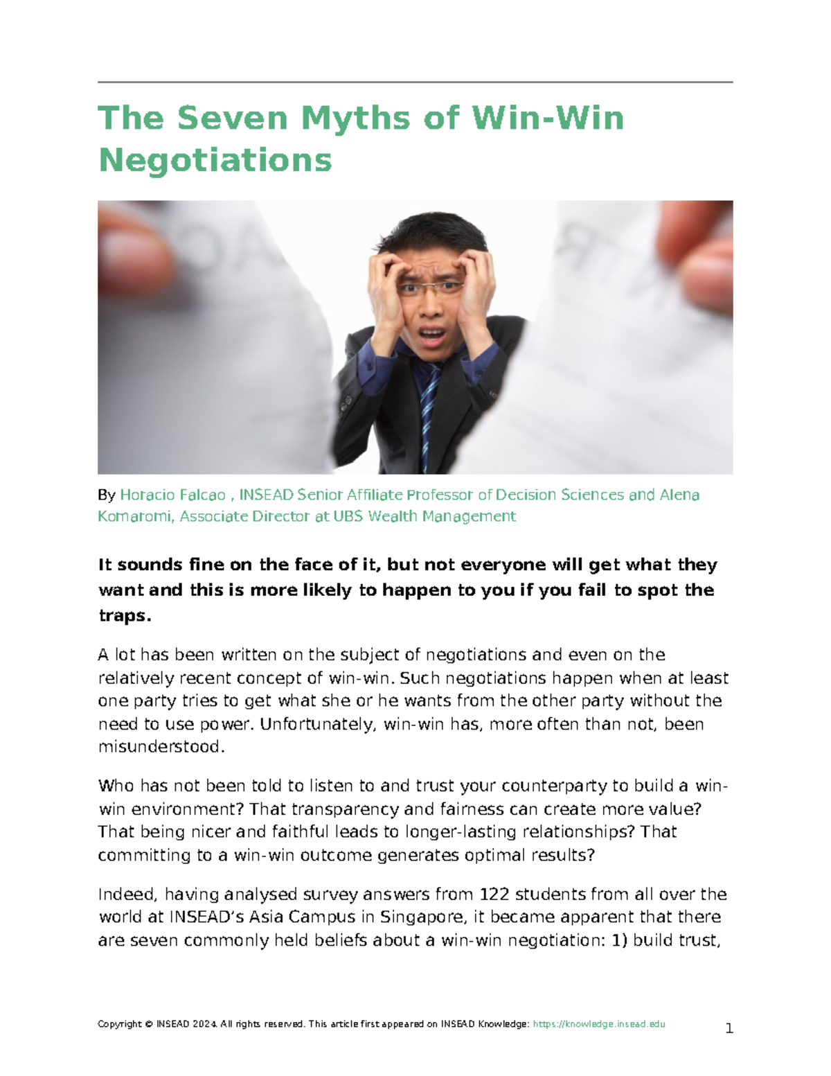 The Seven Myths of Win Win Negotiations - The Seven Myths of Win-Win ...