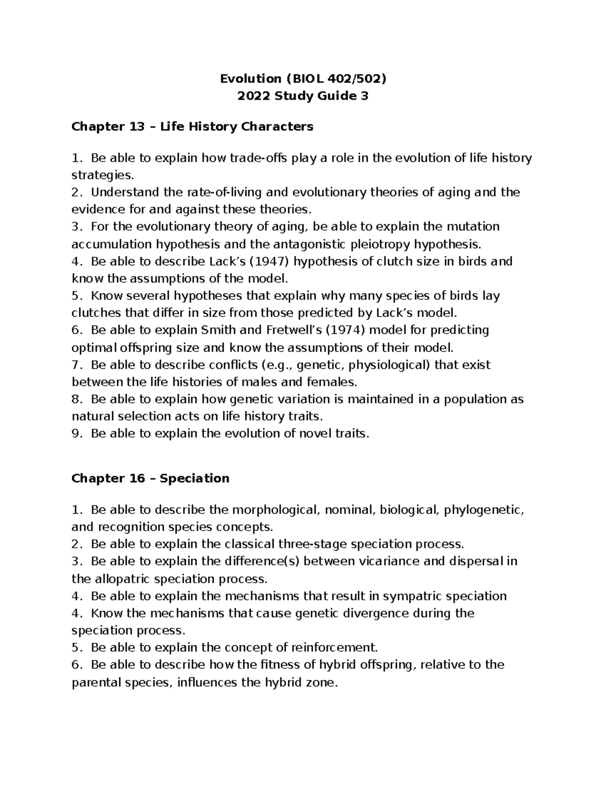Study Guide three - Evolution (BIOL 402/502) 2022 Study Guide 3 Chapter ...