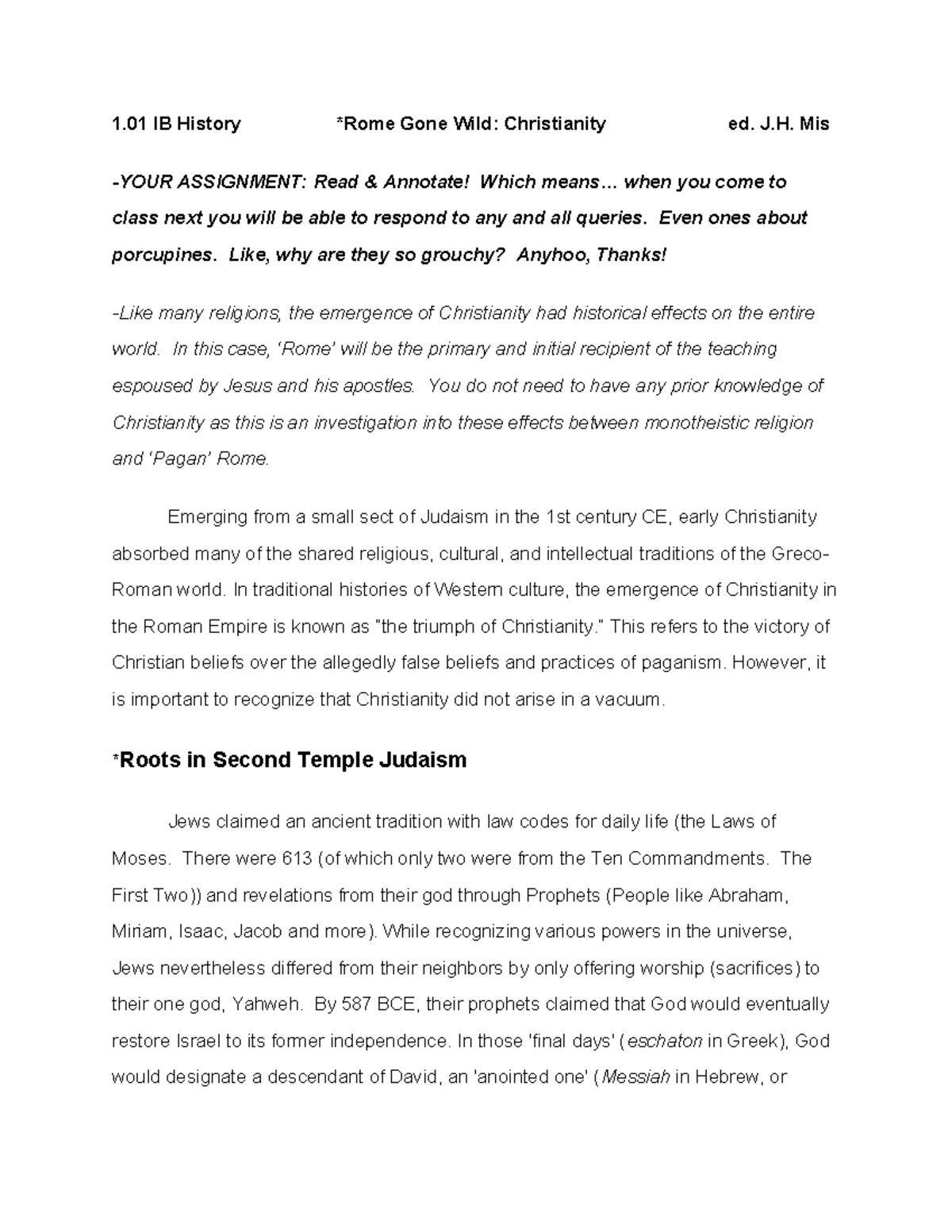 1.01 Origins - note - 1 IB History *Rome Gone Wild: Christianity ed. J ...