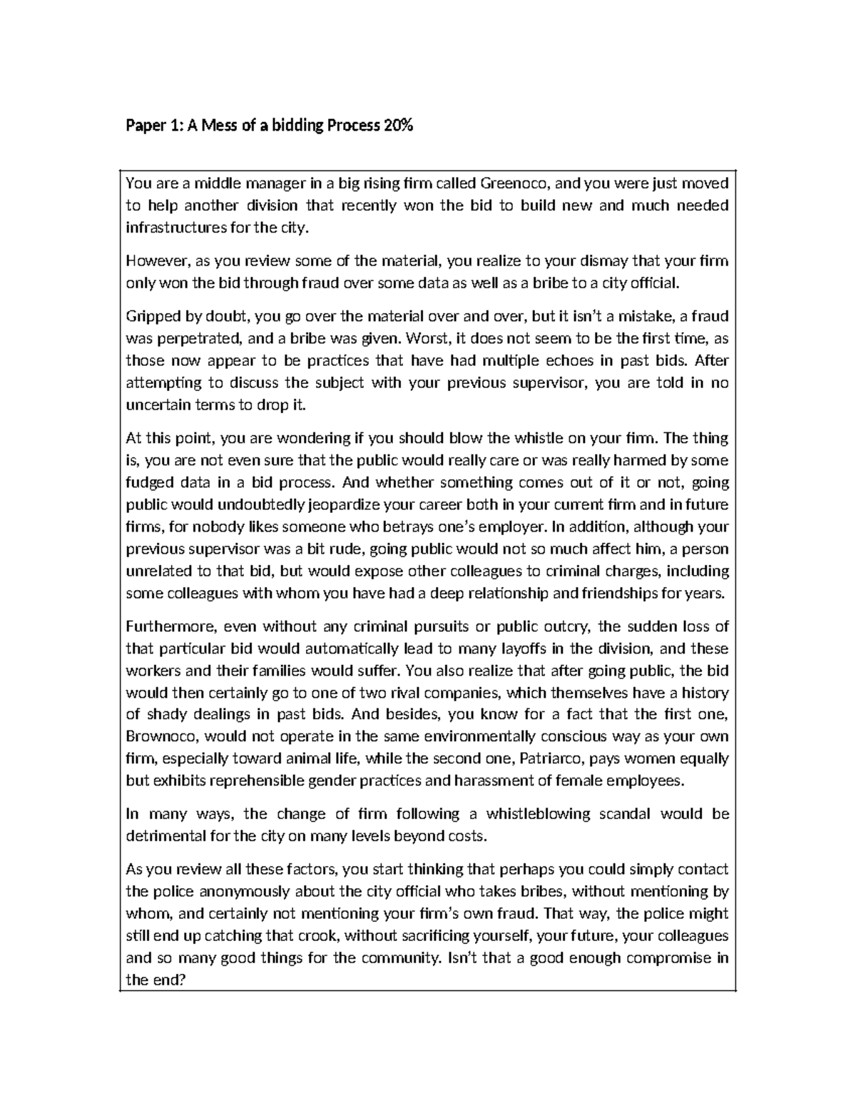 Case study - A mess of a bidding process 20% - Paper 1: A Mess of a ...