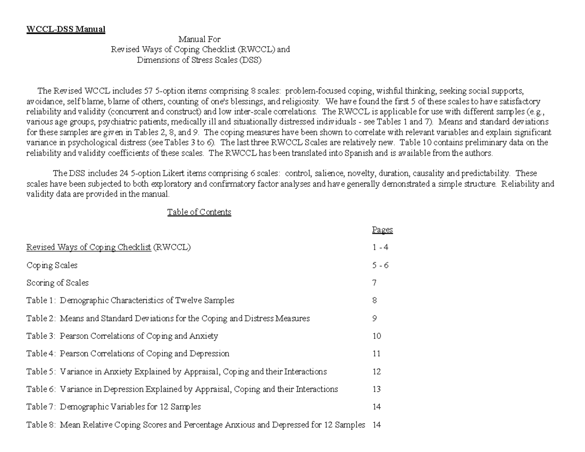 WCCL-DSS Manual - Grade: 1 - Manual Manual For Revised Ways of Coping ...