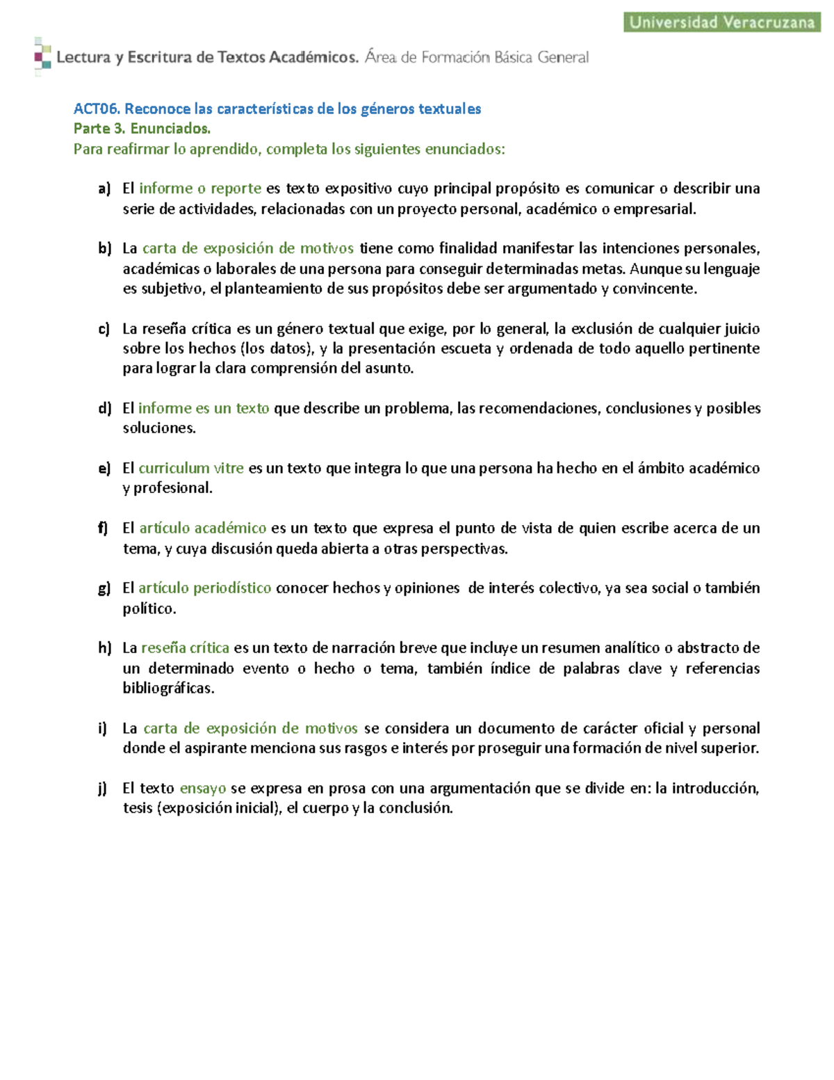 ACT06. Reconoce las características de los géneros textuales para el ...