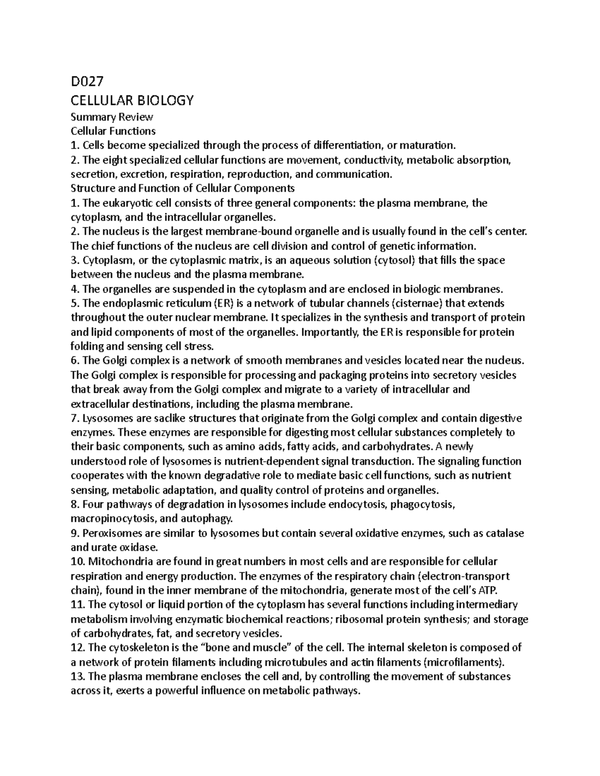 D027 - Summary Review - CHAPTER SUMMARIES - D CELLULAR BIOLOGY Summary ...