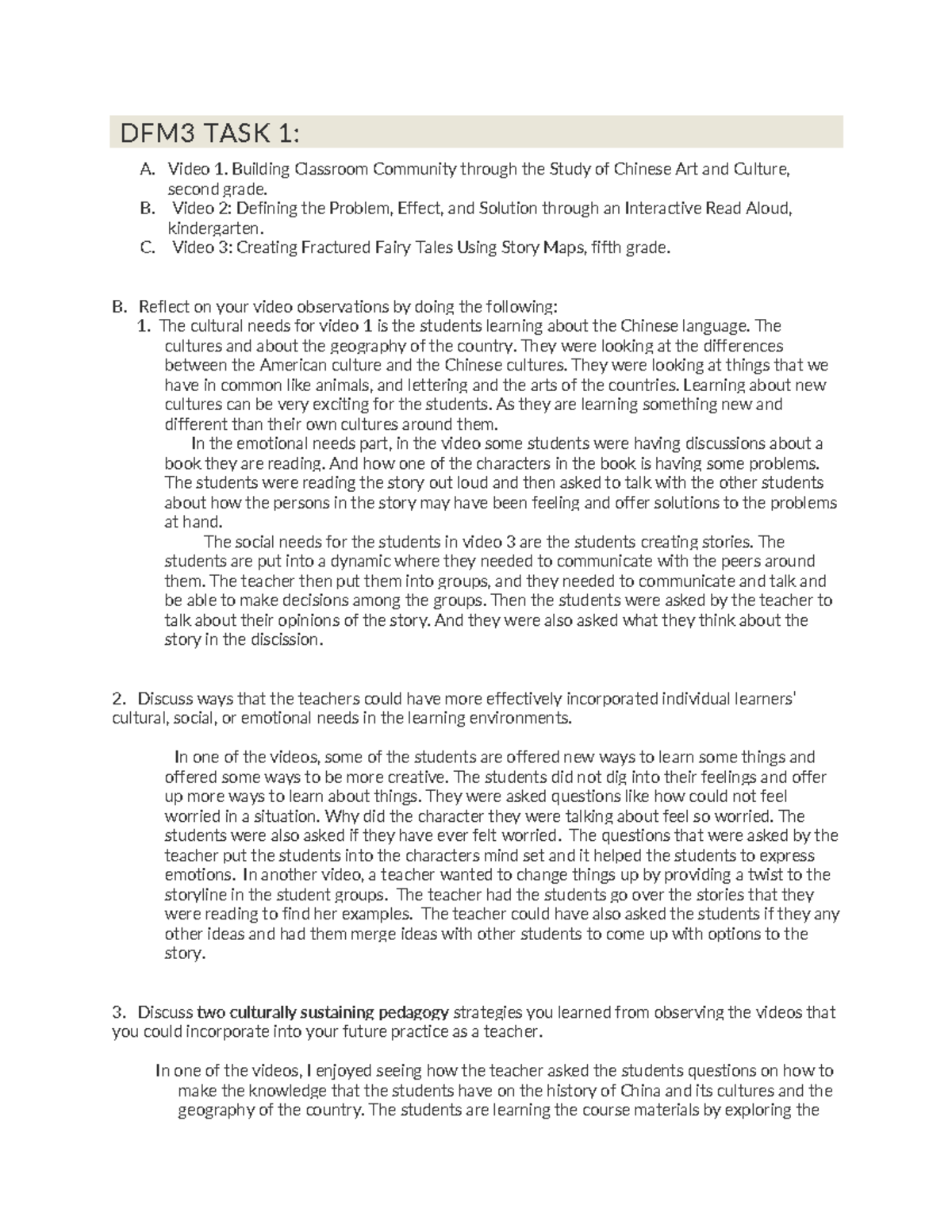 DMF3 TASK 1 - Recognizing the Community of Care - DFM3 TASK 1: A. Video 1. Building Classroom ...