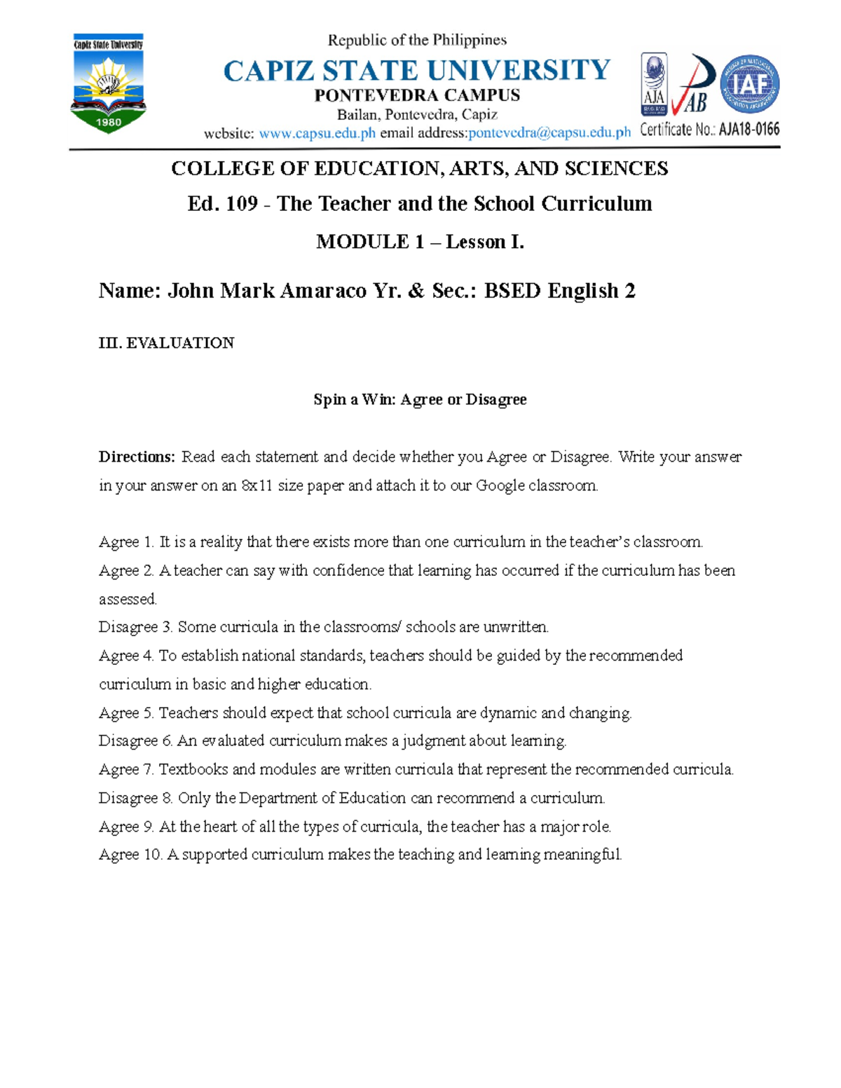 Ed 109 1 - hey jo - COLLEGE OF EDUCATION, ARTS, AND SCIENCES Ed. 109 ...