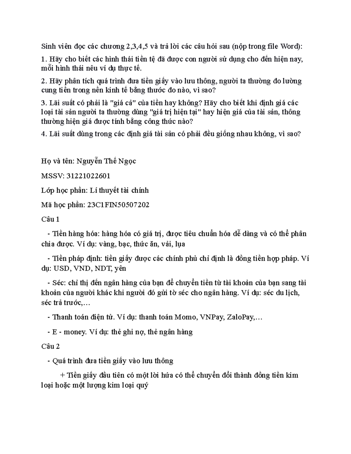 BT LTTC - Nguyễn Thế Ngọc - Sinh viên đọc các chương 2,3,4,5 và trả lời các câu hỏi sau (nộp ...