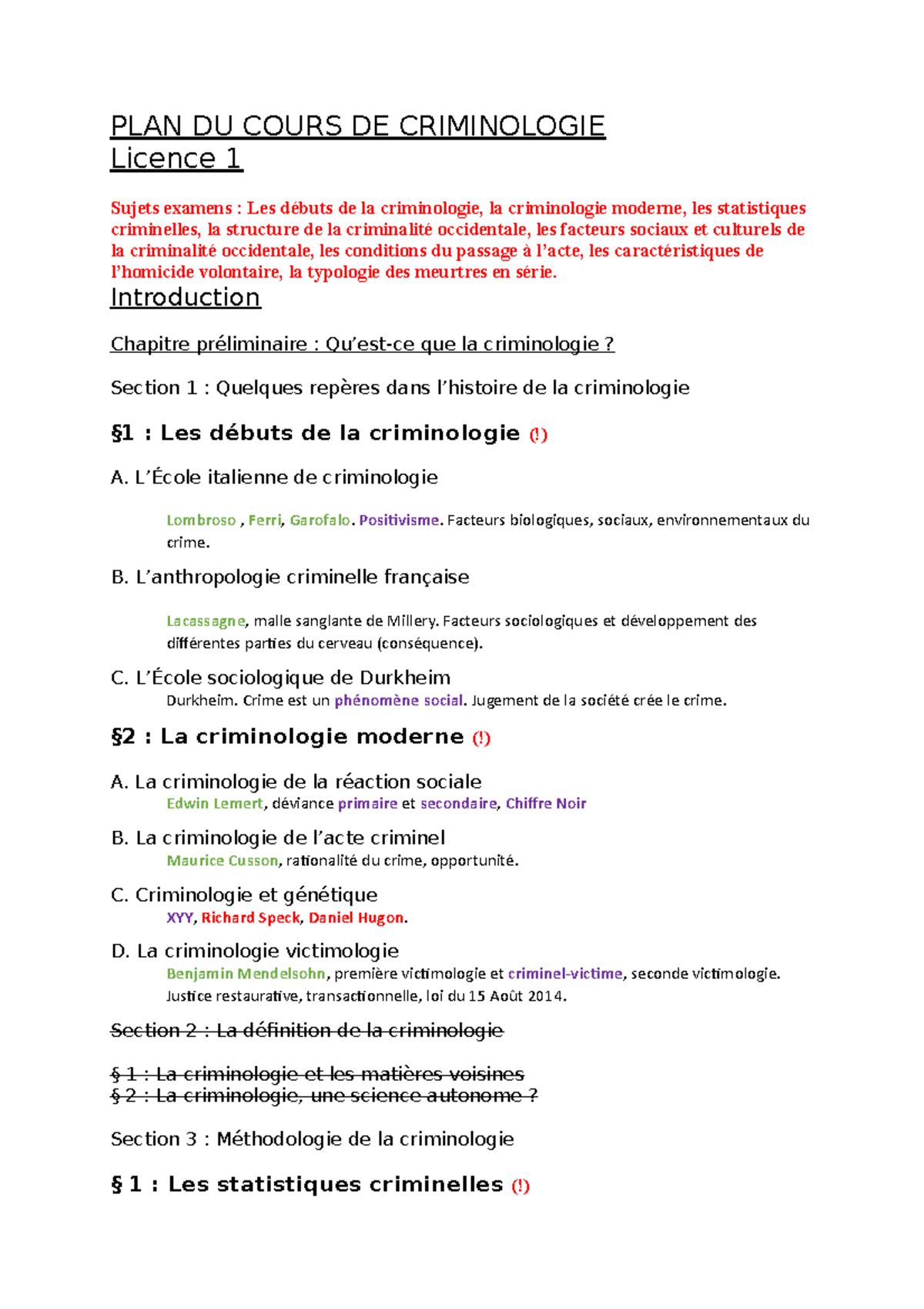 Plan Criminologie avec infos essentielles - PLAN DU COURS DE ...