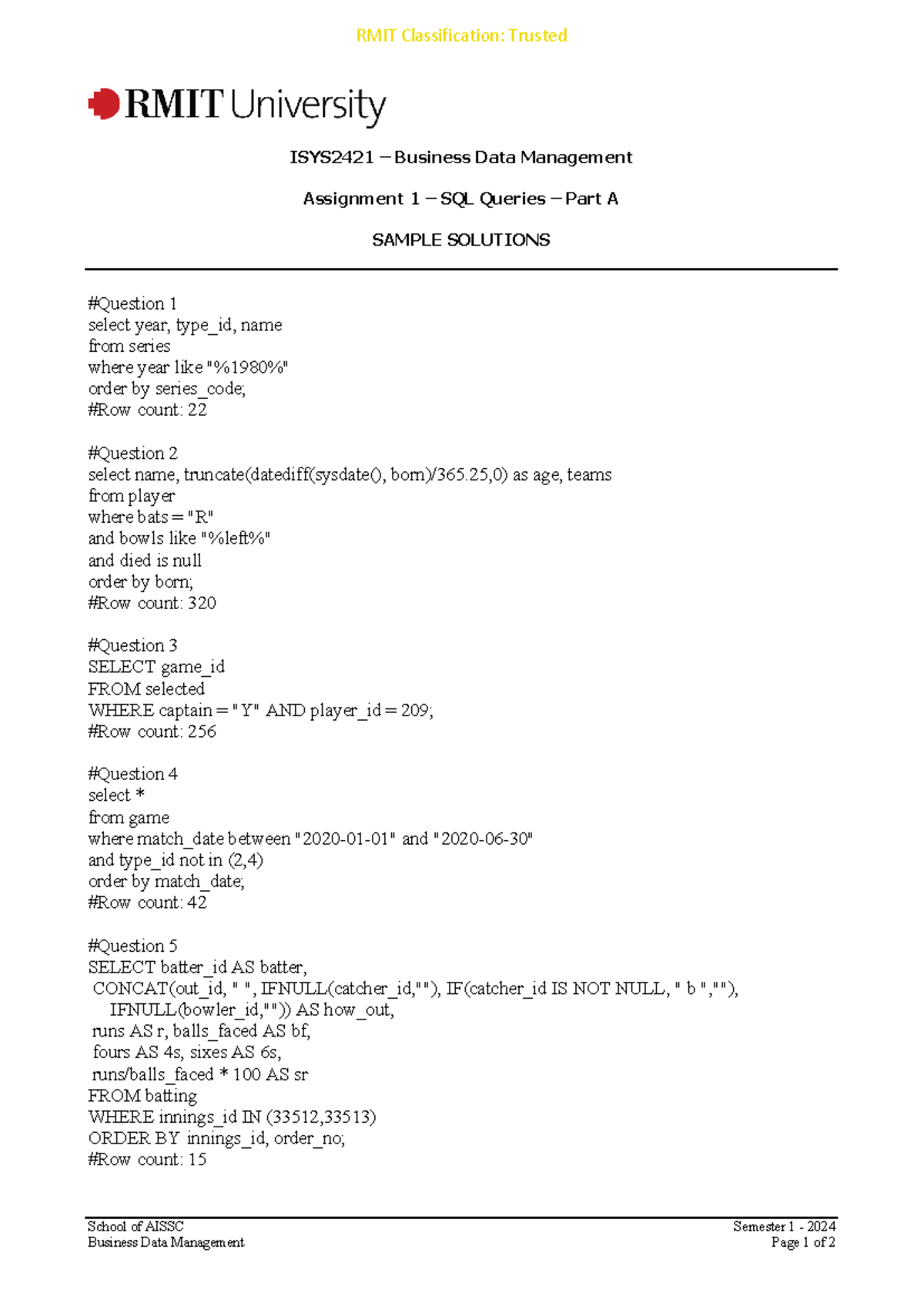2024 s1 db A1a Solutions - School of AISSC Semester 1 - 2024 Business Data Management Page 1 of ...
