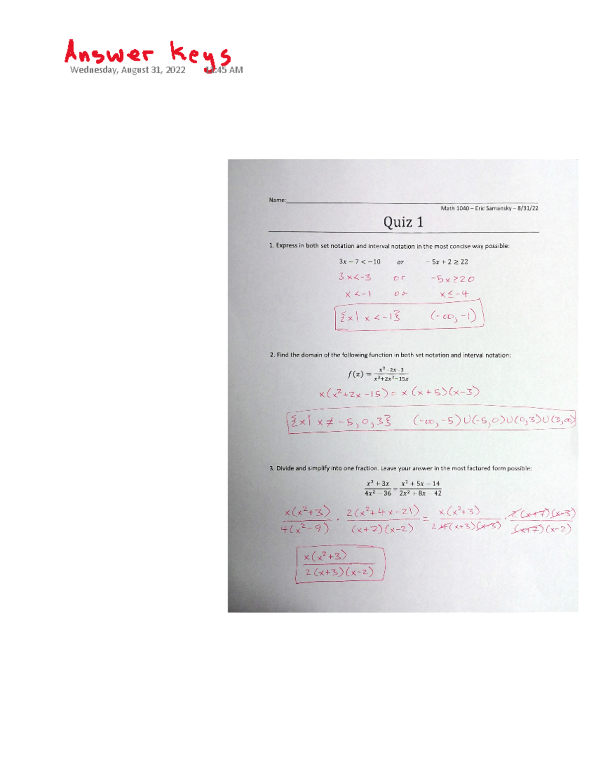 Quiz 1 Answer Keys - MATH 1040 - Wednesday, August 31, 2022 11:45 AM ...