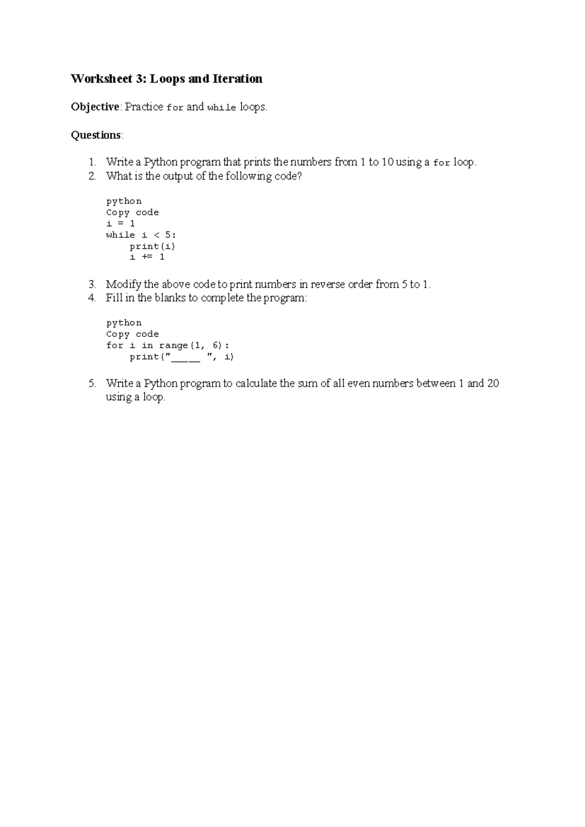 Worksheet 3 - understanding computer science - Worksheet 3: Loops and Iteration Objective ...
