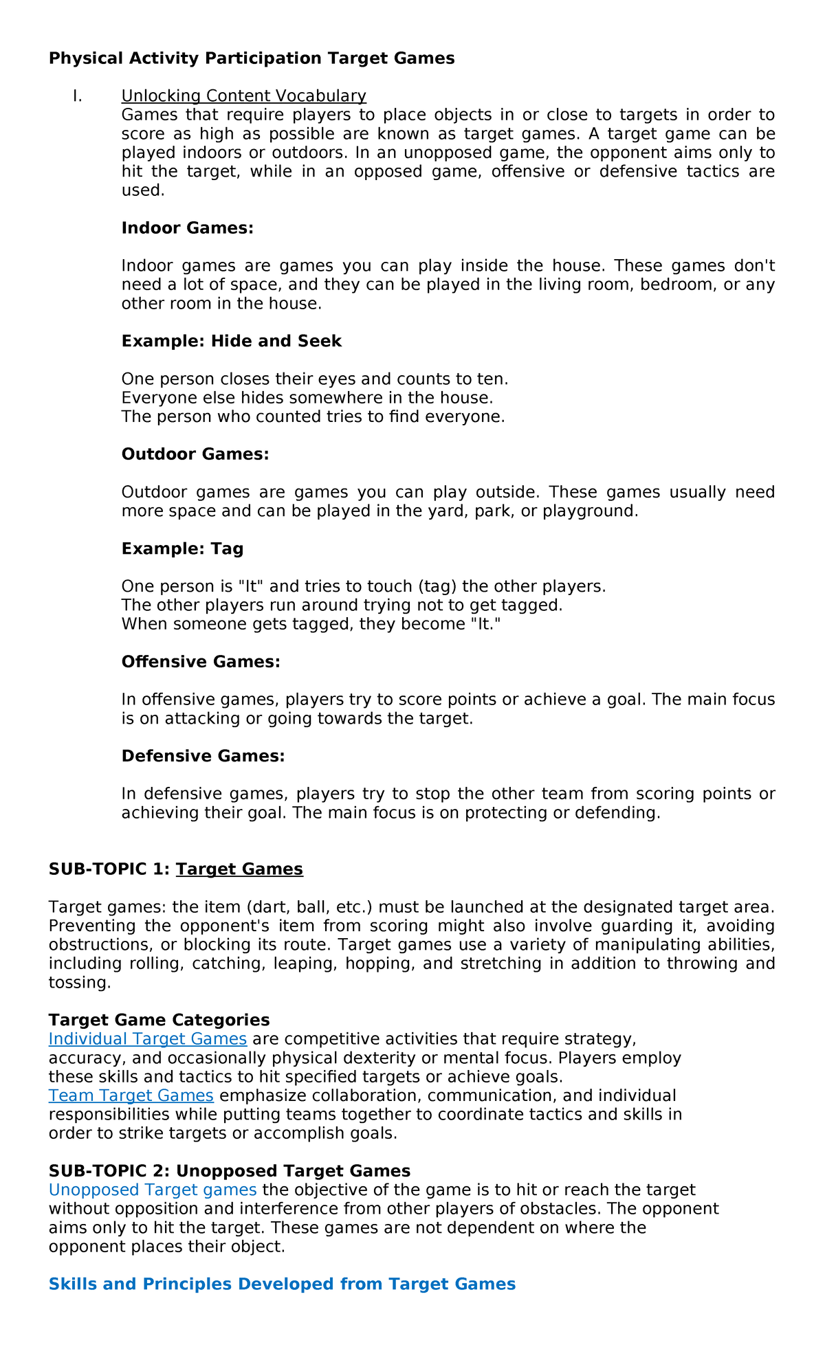 Physical Activity Participation Target Games Grade 7 - Physical ...