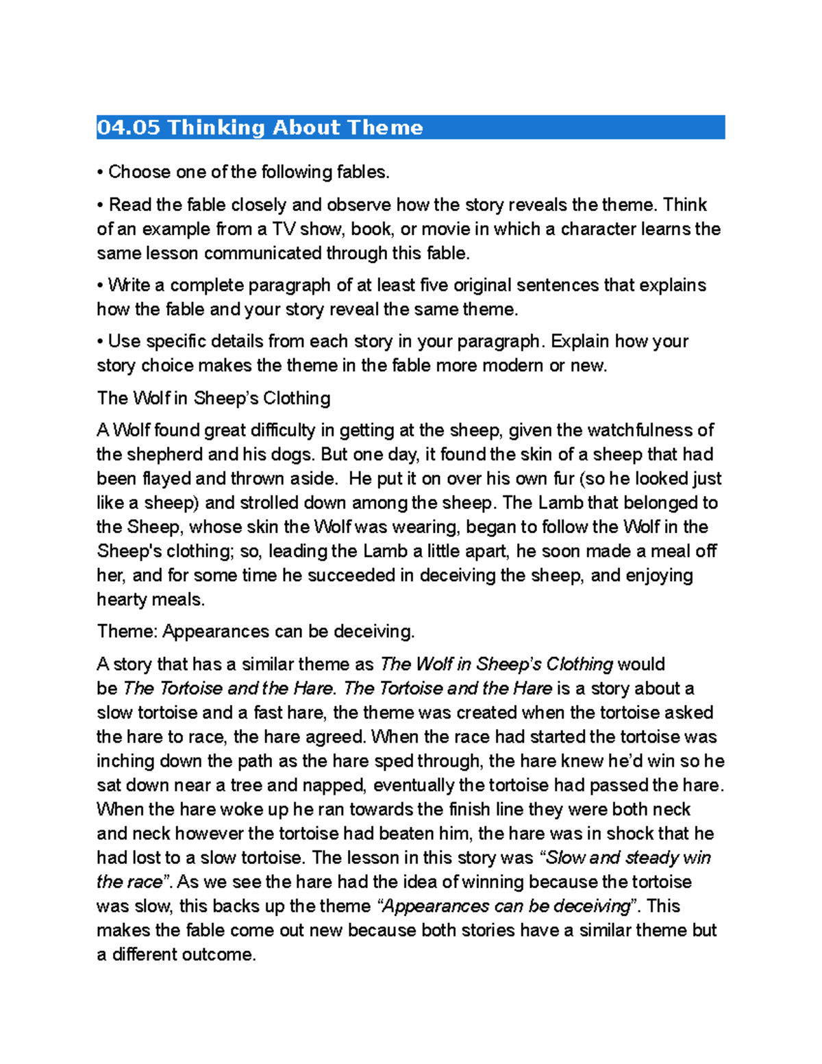 04.05 Thinking About Theme - 04 Thinking About Theme Choose one of the ...