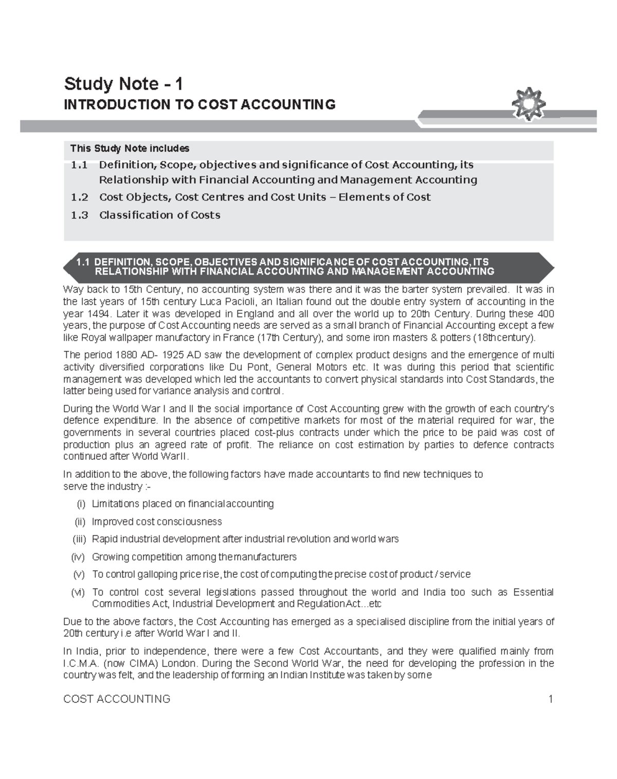 Study Note 1 - Introduction of Cost Accounting - This Study Note ...