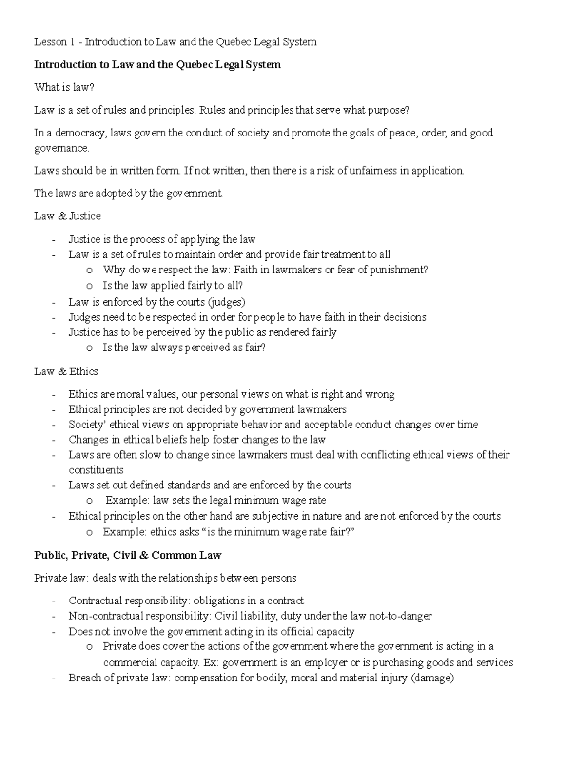 Lesson 1 - notes - Lesson 1 - Introduction to Law and the Quebec Legal ...