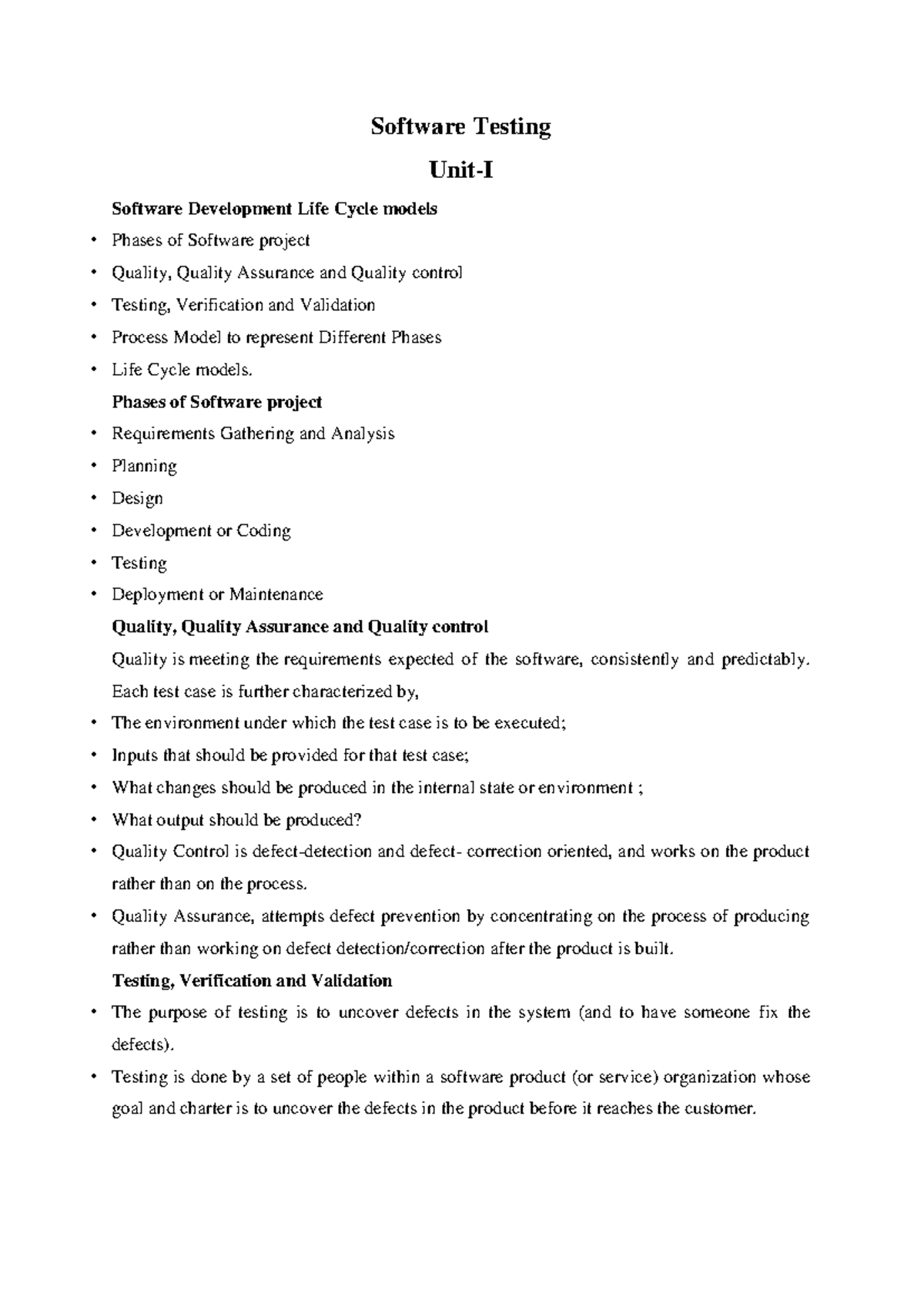 ST study material - Software Testing Unit-I Software Development Life ...