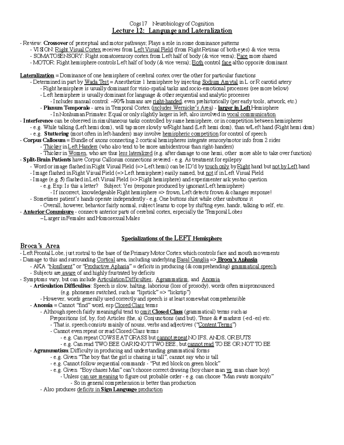 17Sum20Lec12L&L Notes-1 - Cogs 17 Neurobiology of Cognition Lecture 12 ...