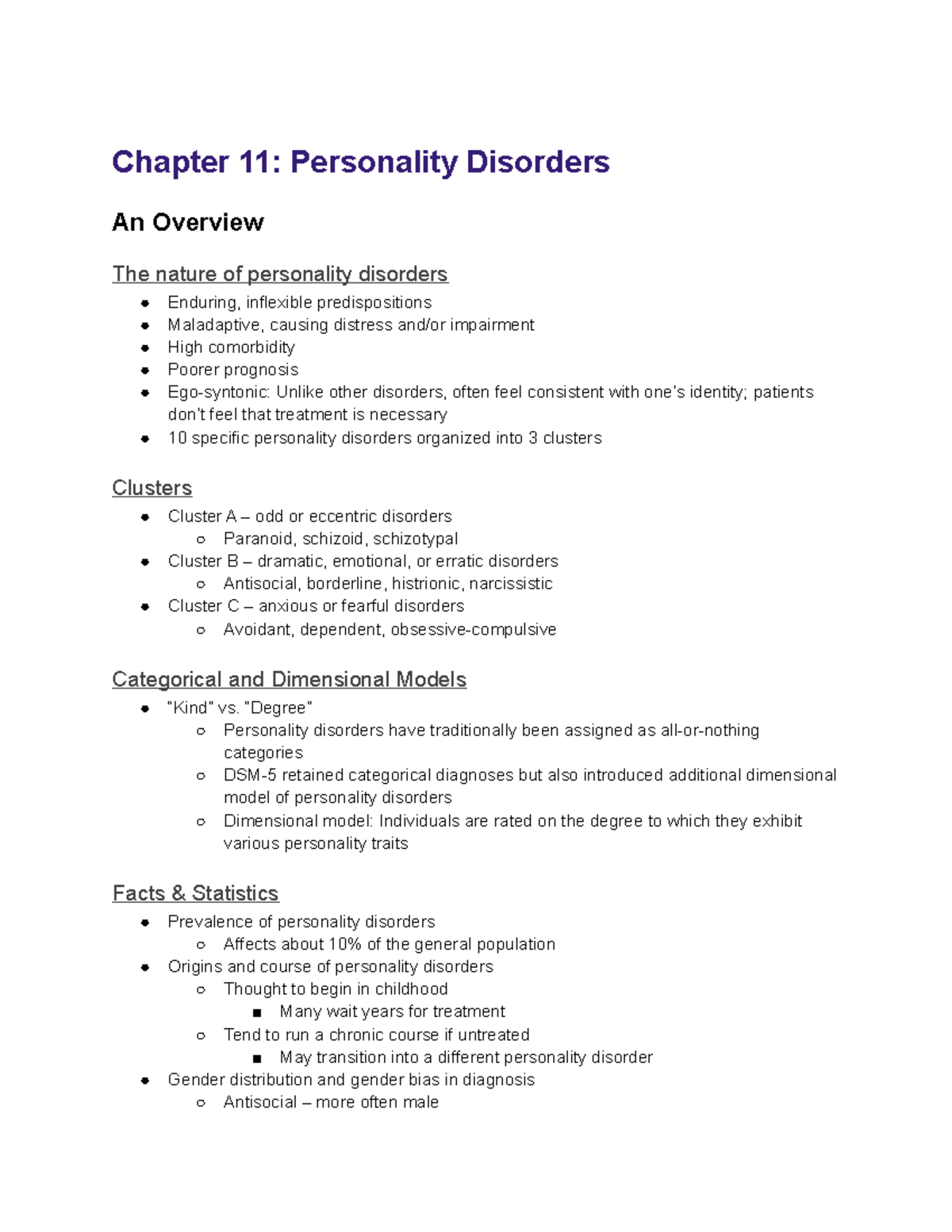 Lecture Notes (Chapter 11-14) - Chapter 11: Personality Disorders An ...