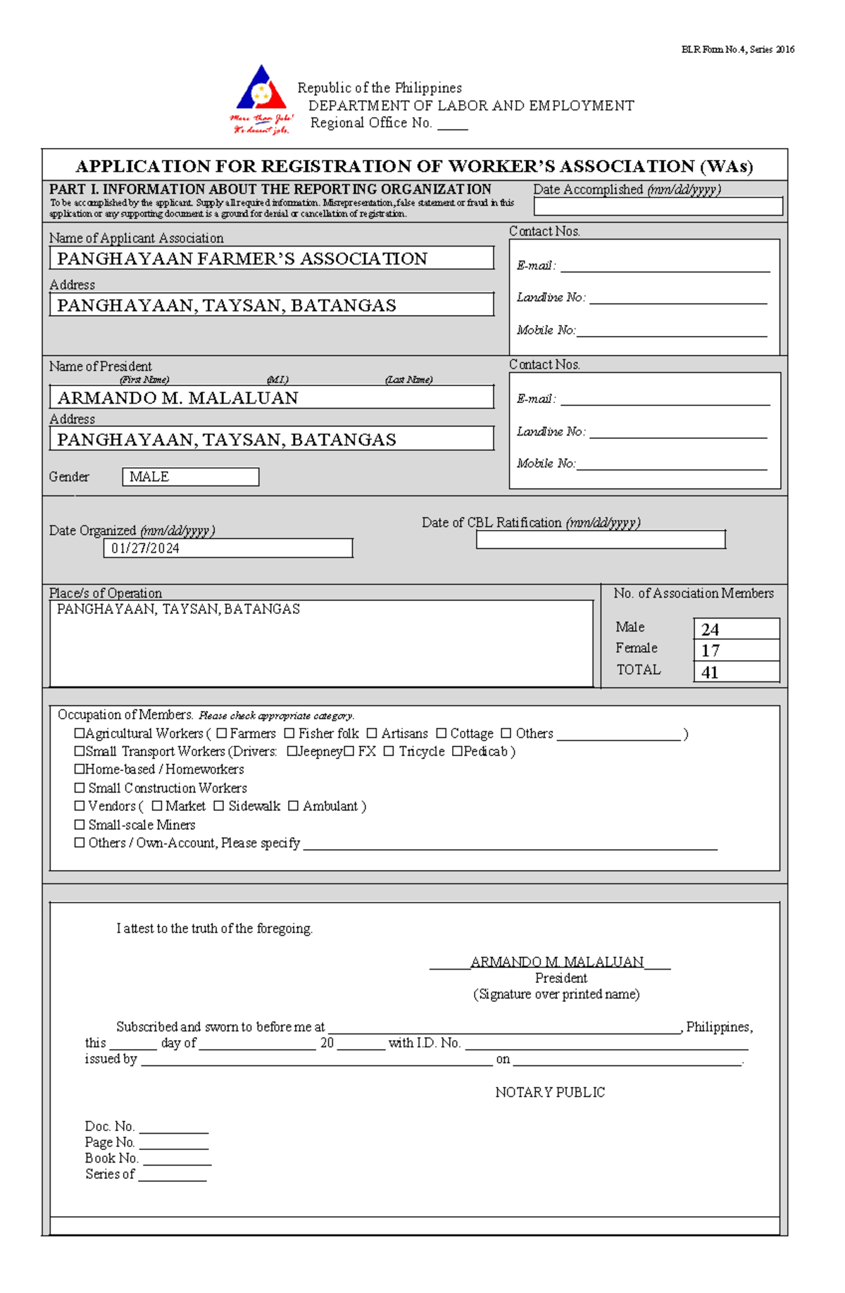 AF-Registration of Workers Association - BLR Form No, Series 2016 ...