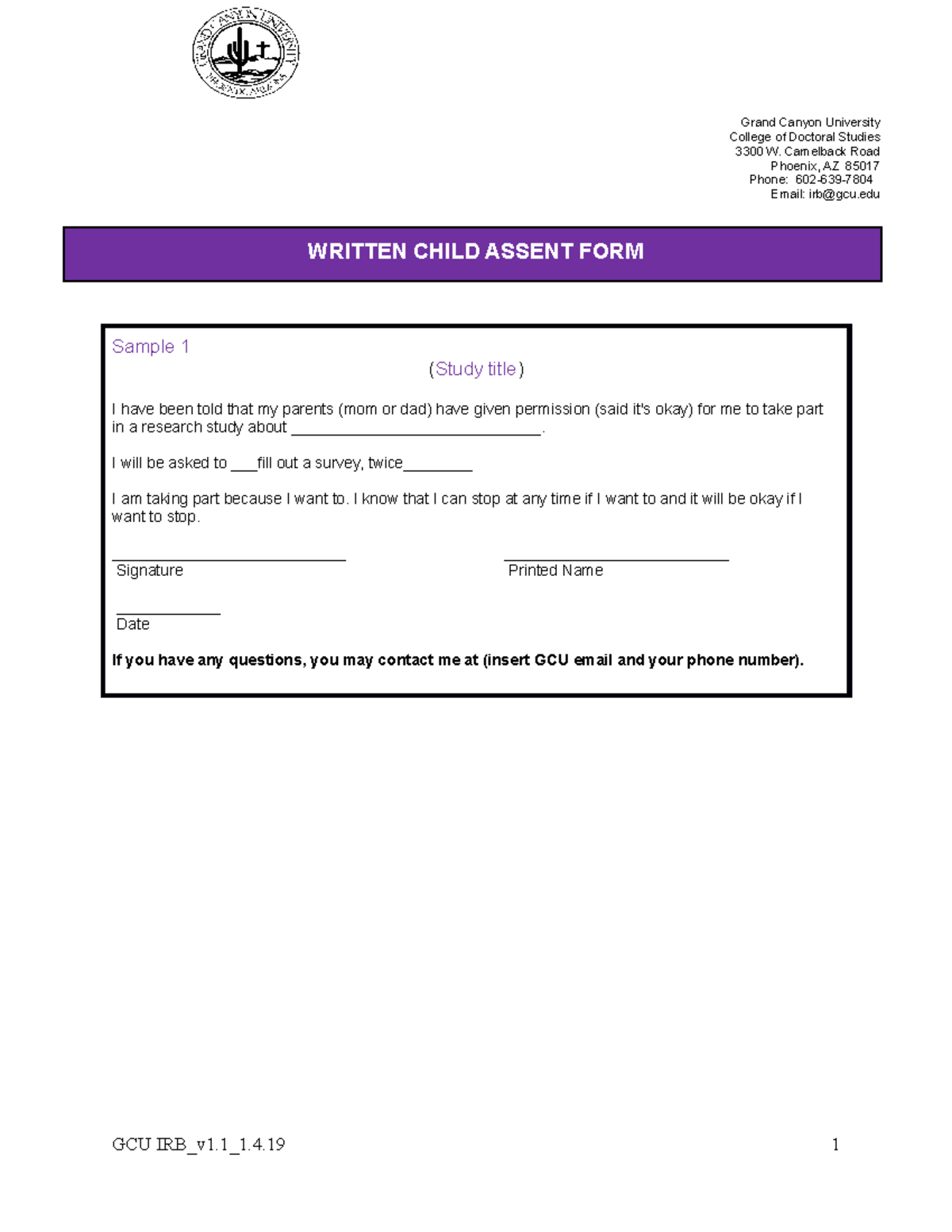 Child Informed Consent Form - College of Doctoral Studies3300 W ...