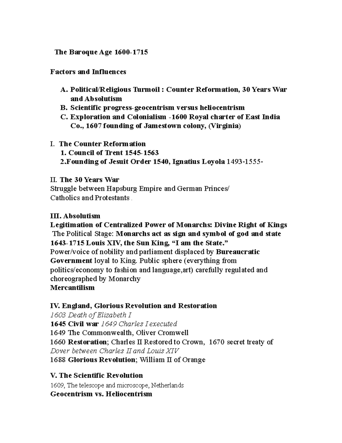 Baroque 1a - Midterm study notes - The Baroque Age 1600- Factors and ...