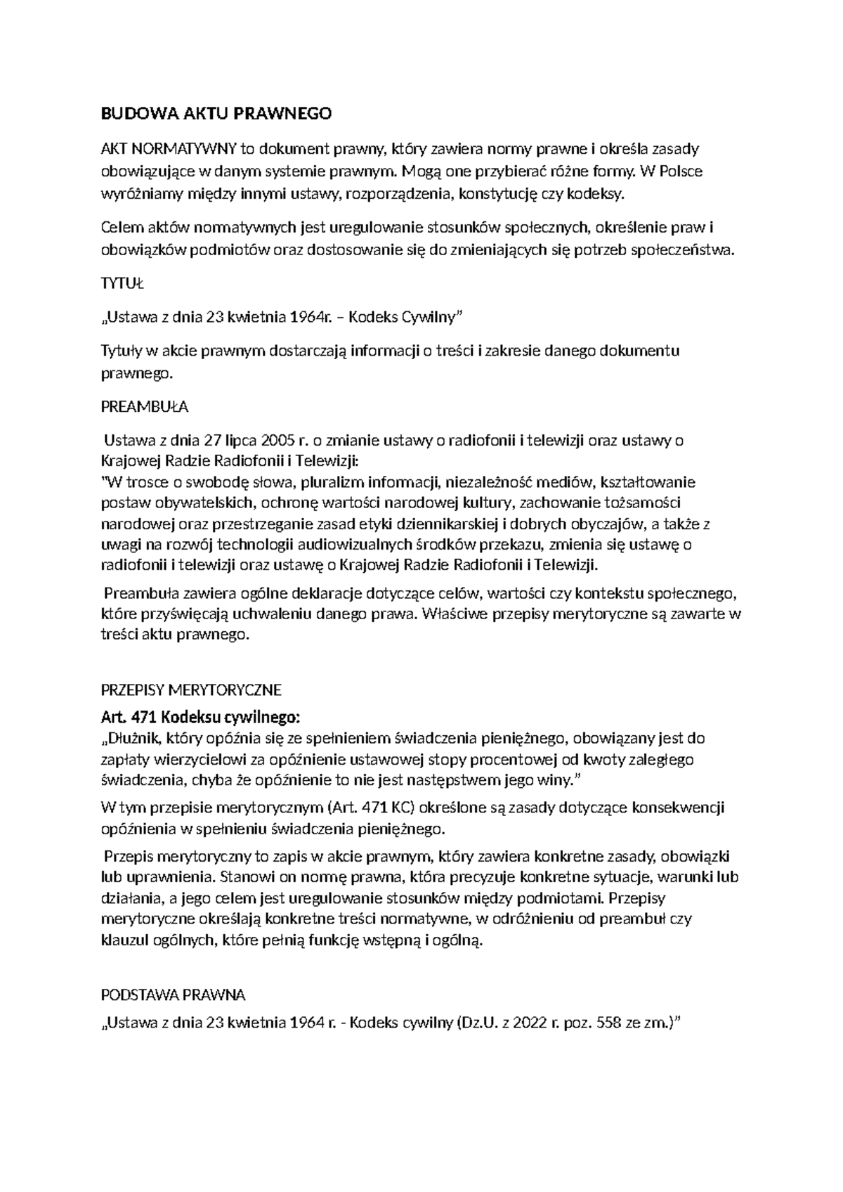 Budowa AKTU Prawnego - prawoznawstwop - BUDOWA AKTU PRAWNEGO AKT NORMATYWNY to dokument prawny ...