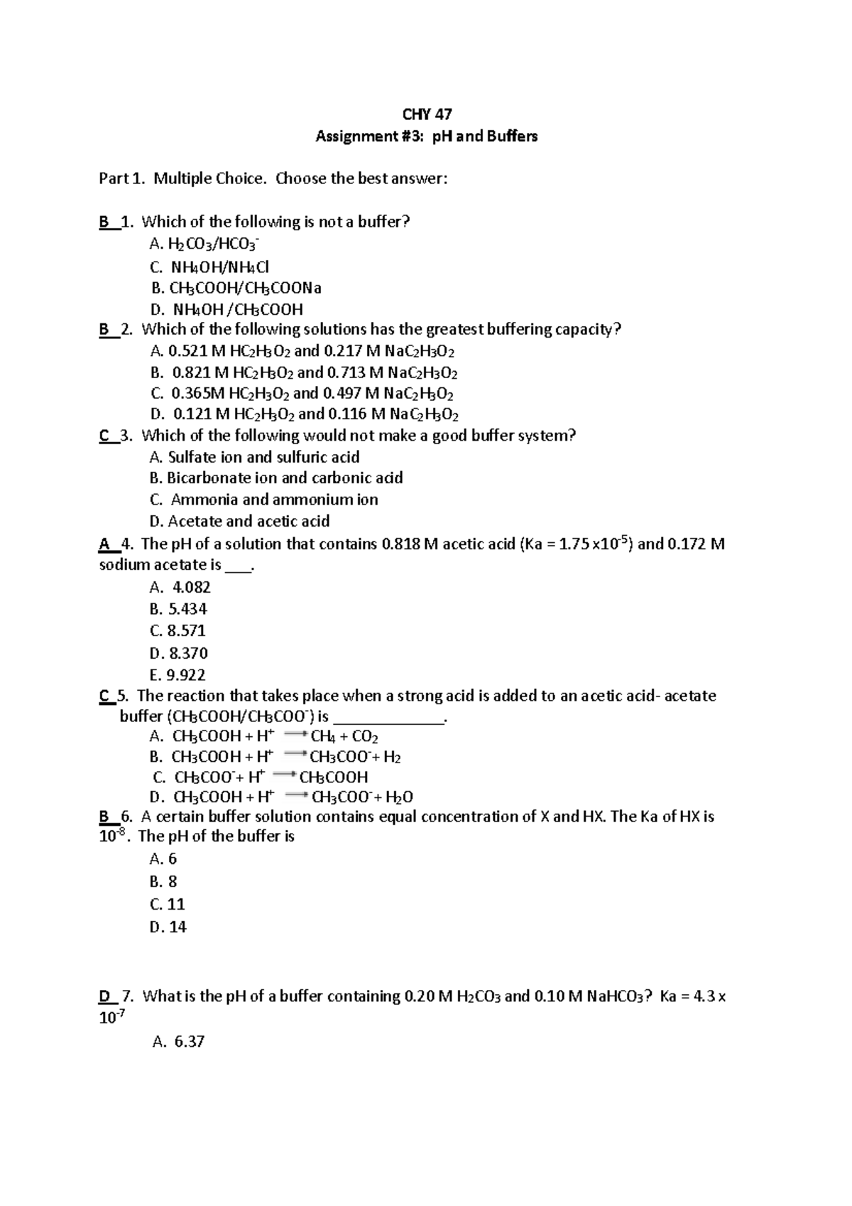 Assignment 3- p H and Buffers (CHY 47) - CHY 47 Assignment #3: pH and ...