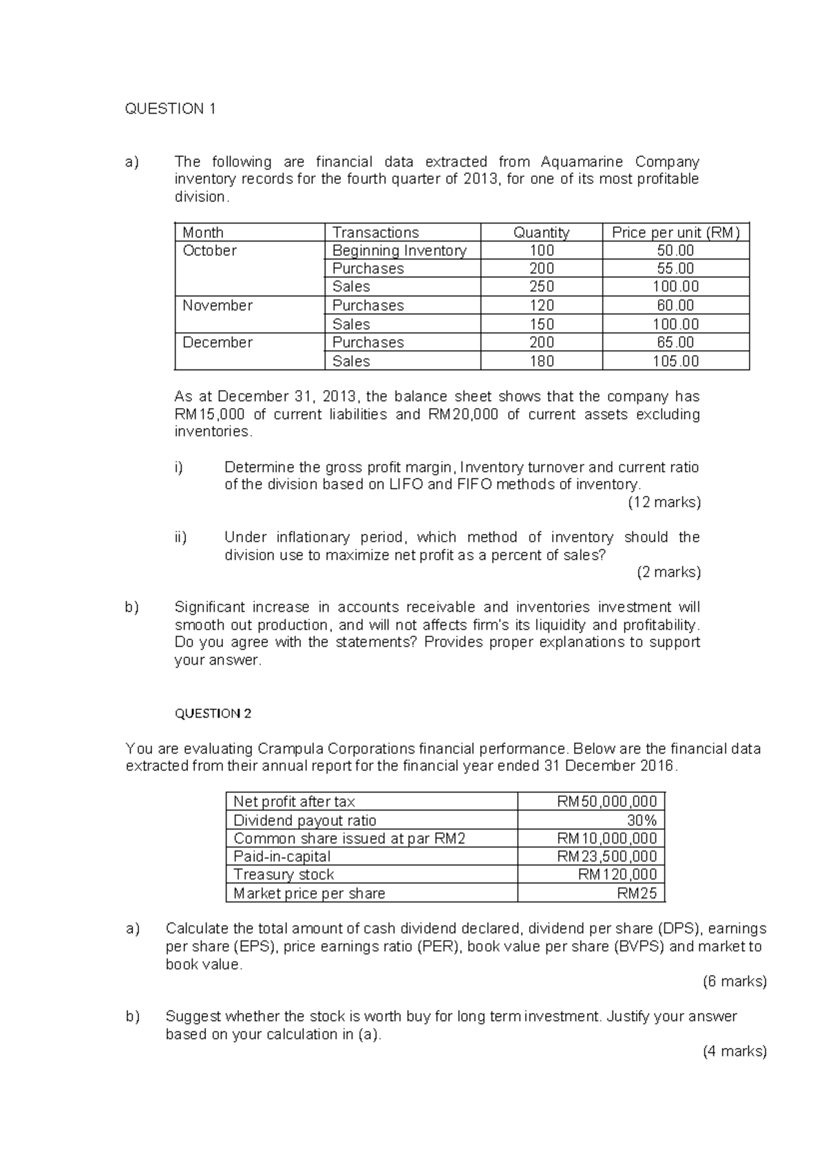 Tutorial Q investing operating and financing - QUESTION 1 a) The ...